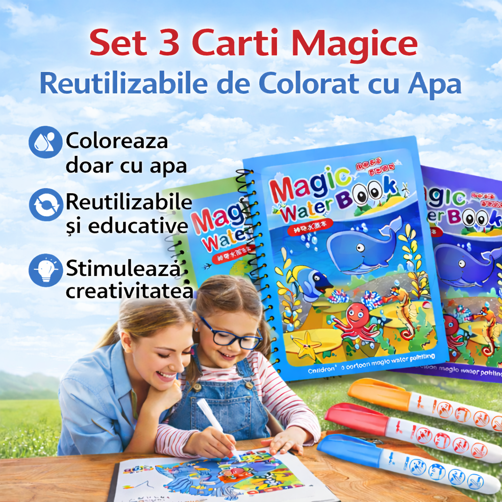 Set 3 Cărți Magice Reutilizabile de Colorat cu Apă | Coloris – Cadoul ...